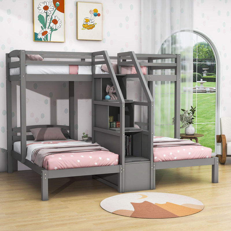 Harriet Bee Wood Twin Over Twin Twin Bunk Bed With Built In Staircase Wayfair
